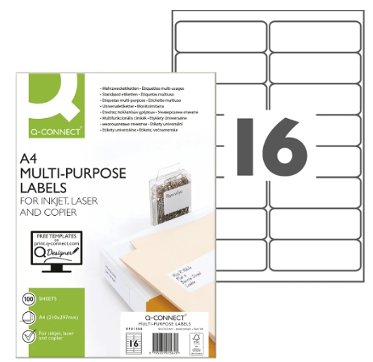 Q-Connect 99x33,9 Multi labels 16 pr ark 100 pakke A4 ...